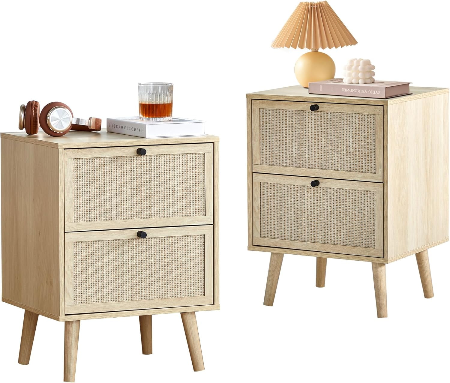 Small Nightstand Set of 2 Boho End Tables with 2 Storage Hollowed-Out ...