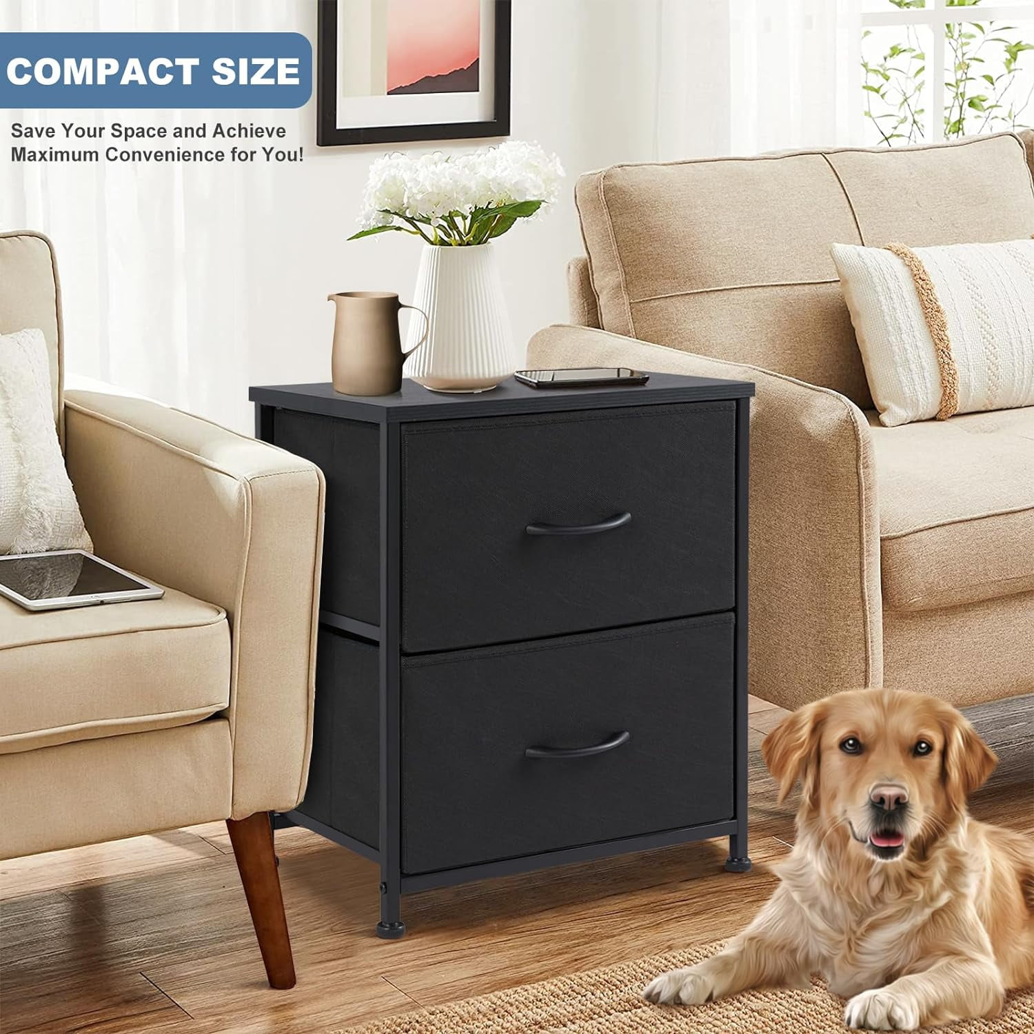 Small Nightstand with 2 Fabric Drawers for Bedroom, Entryway, College ...