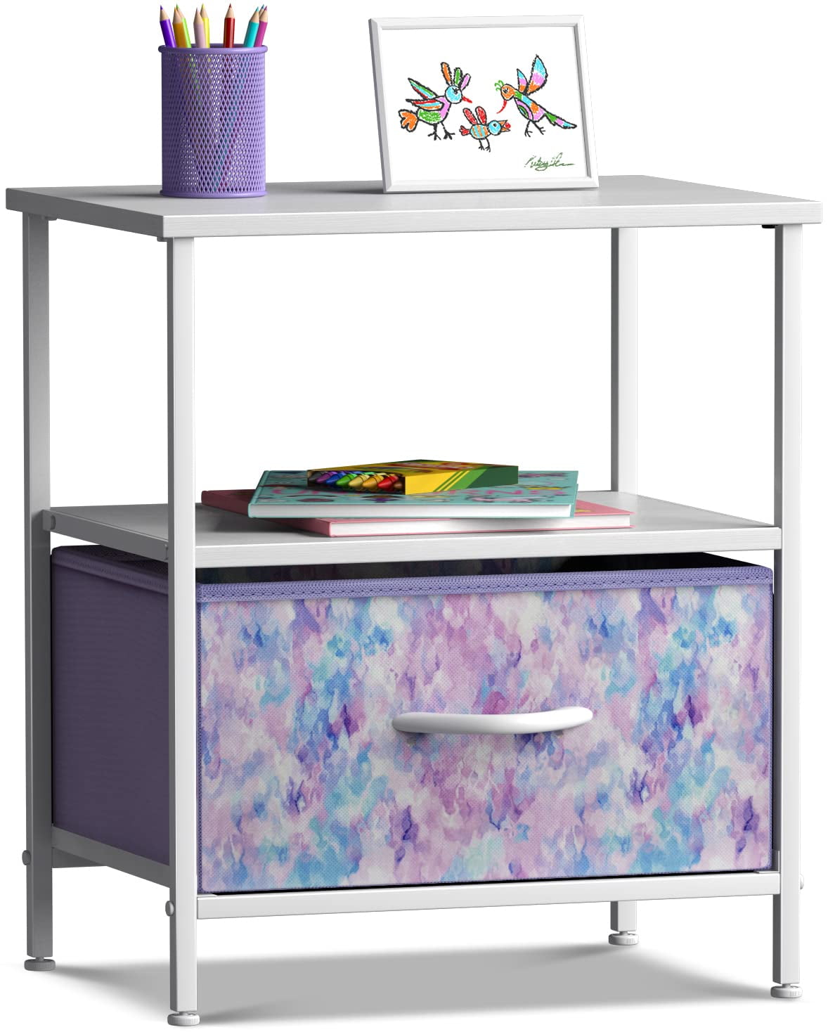 Small Nightstand with Drawer for Kids Bedroom, Wood Top Steel Frame ...
