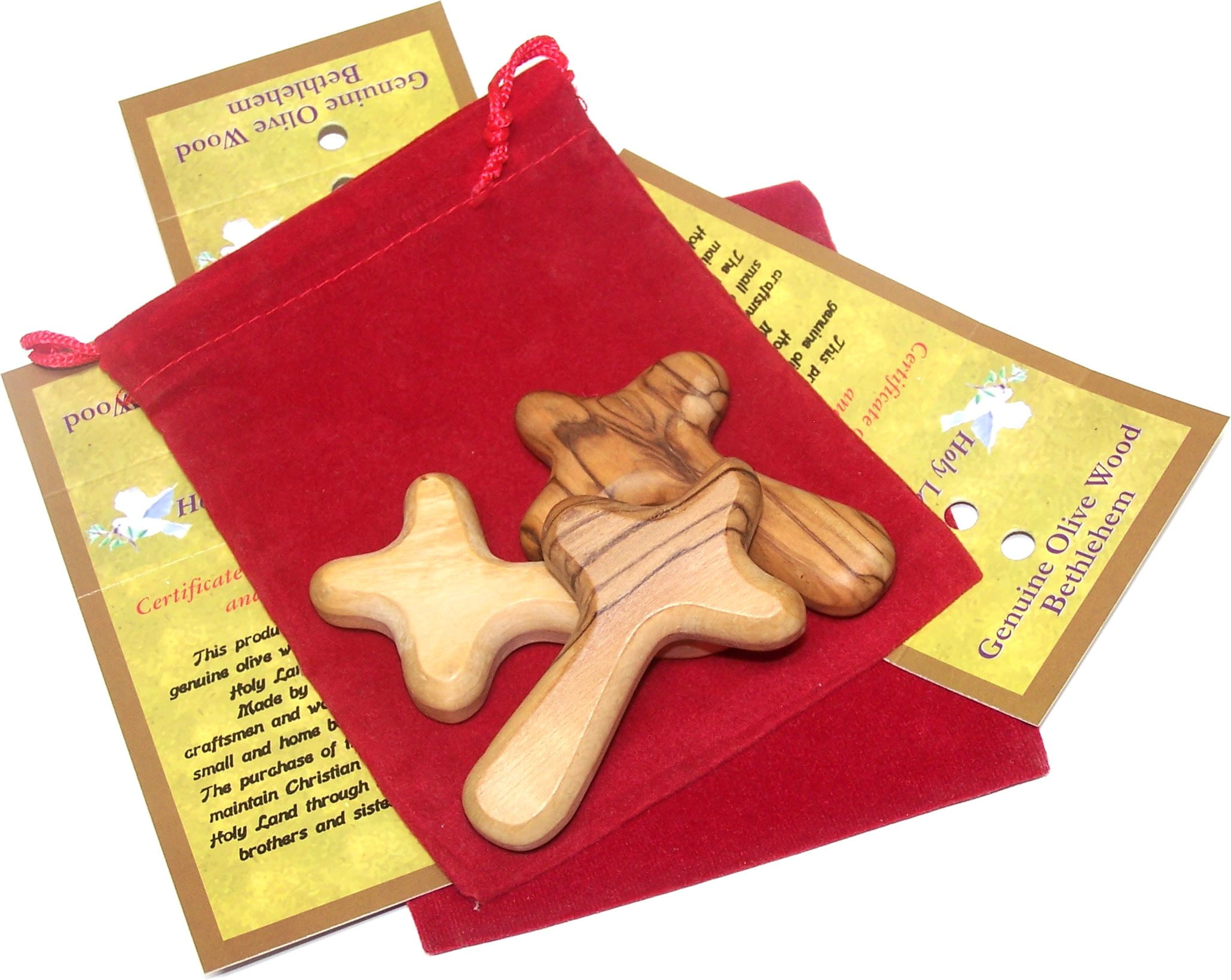 Small Olive Wood Pocket Comfort Holding Cross Package with Velvet Bag ...