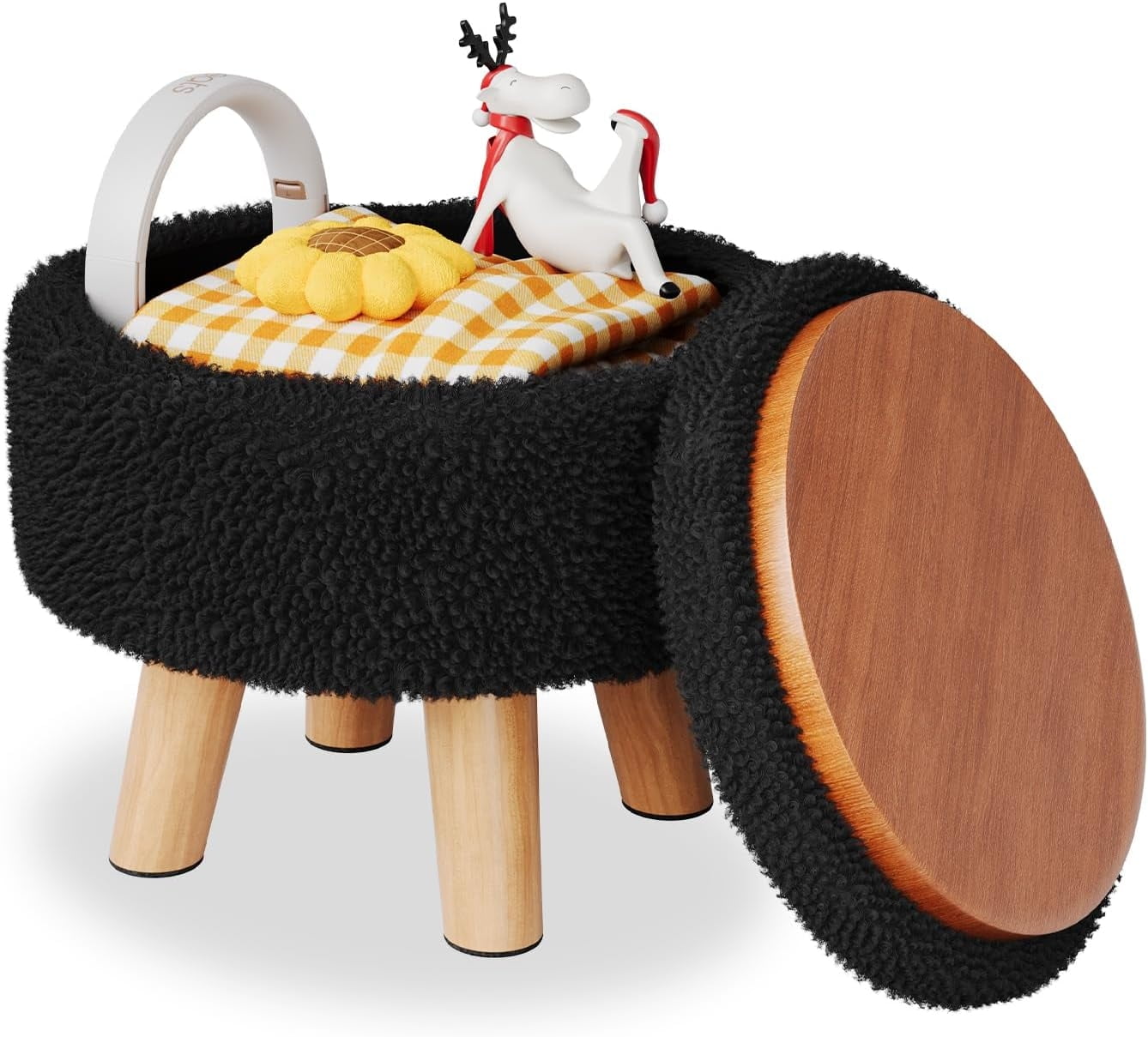 Small Ottoman Footrest, White Boucle Foot Stool, Round Pouf Ottoman ...