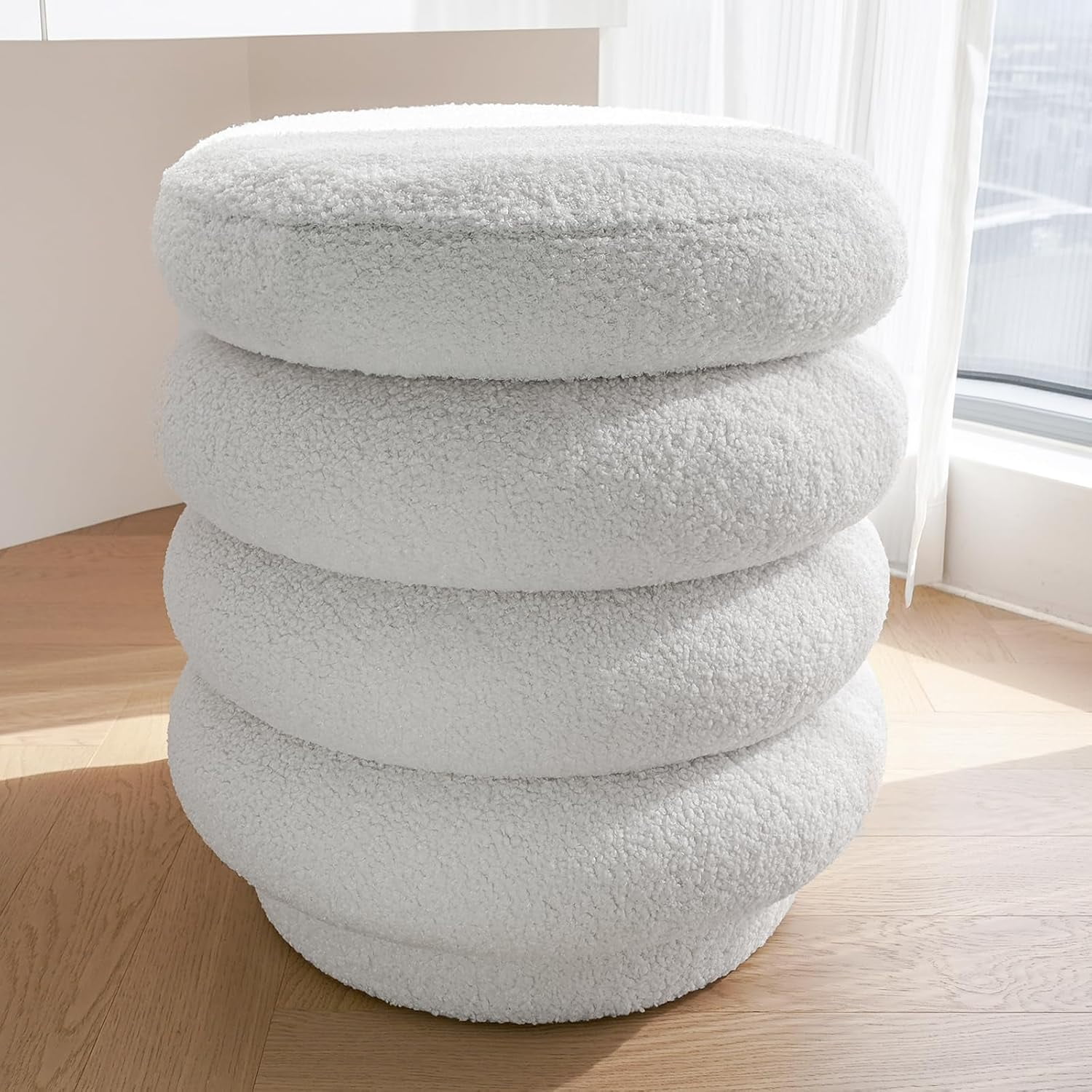 Small Ottoman with Storage, Round Footstool Sherpa Footrest, Poofy Soft ...