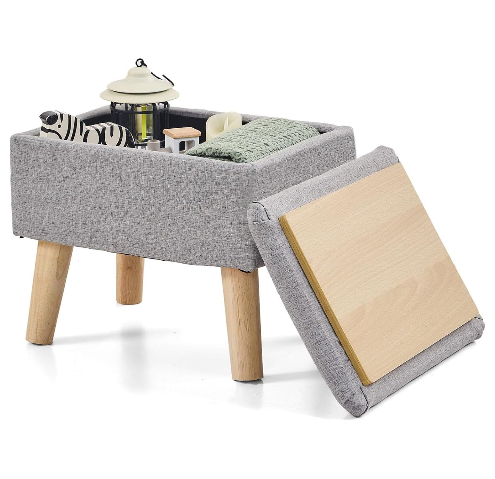 Small Ottoman with Storage, Linen Foot Stool for Living Room - Gray ...