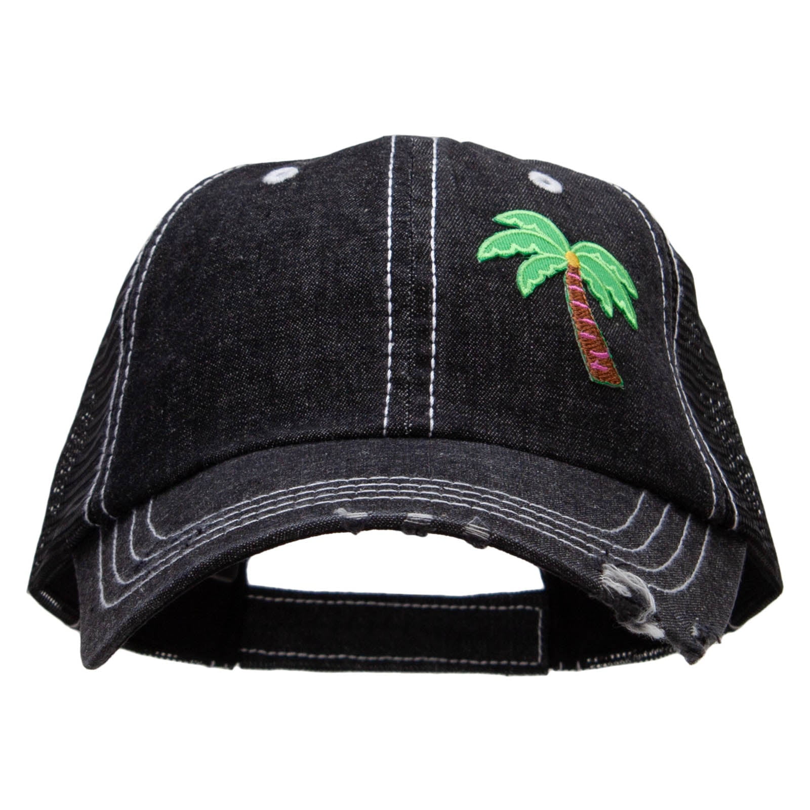 Small Palm Tree Patched 6 Panel Denim Frayed Mesh Cap - Denim Black ...