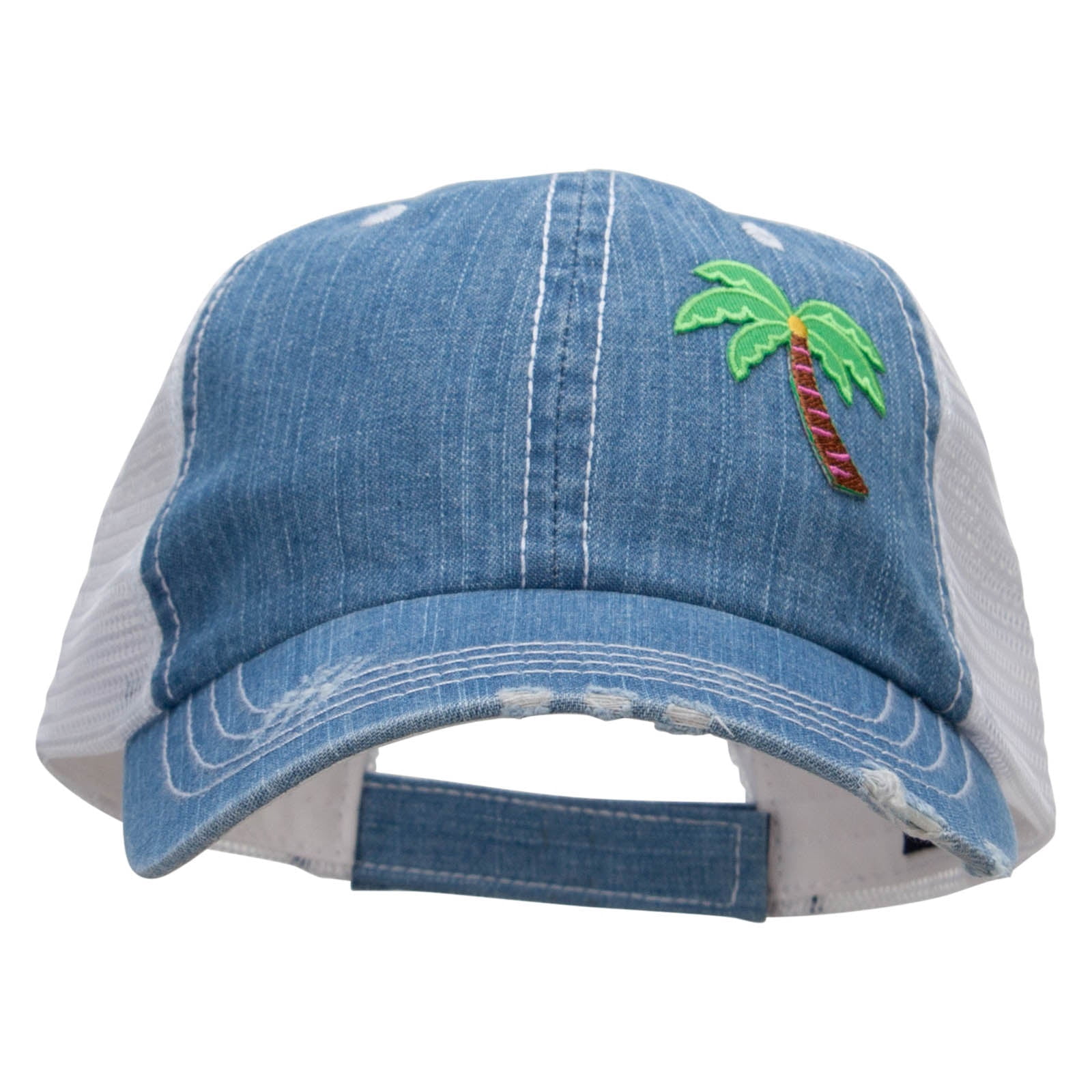 Small Palm Tree Patched 6 Panel Denim Frayed Mesh Cap - Denim Blue OSFM ...