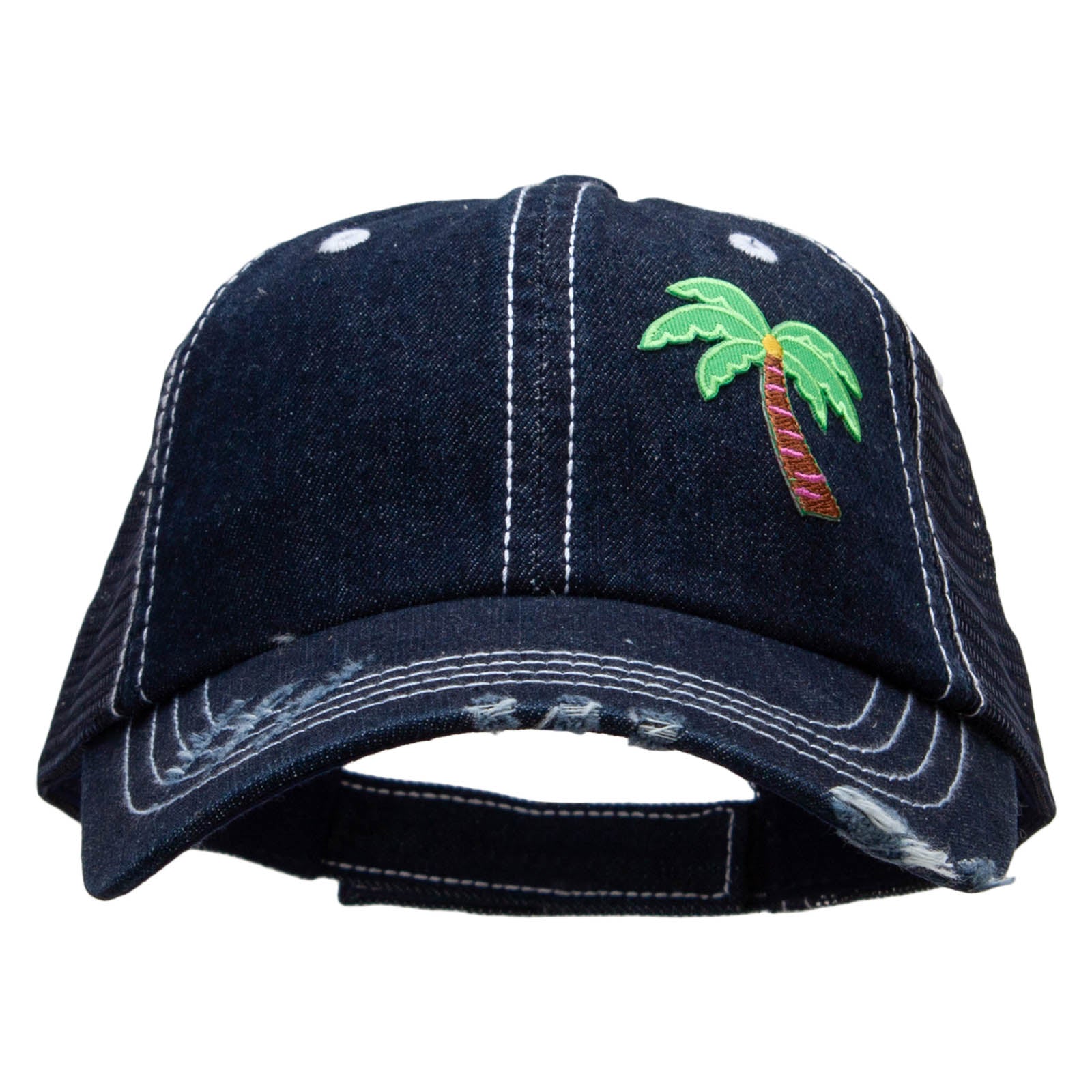 Small Palm Tree Patched 6 Panel Denim Frayed Mesh Cap - Denim Navy OSFM ...