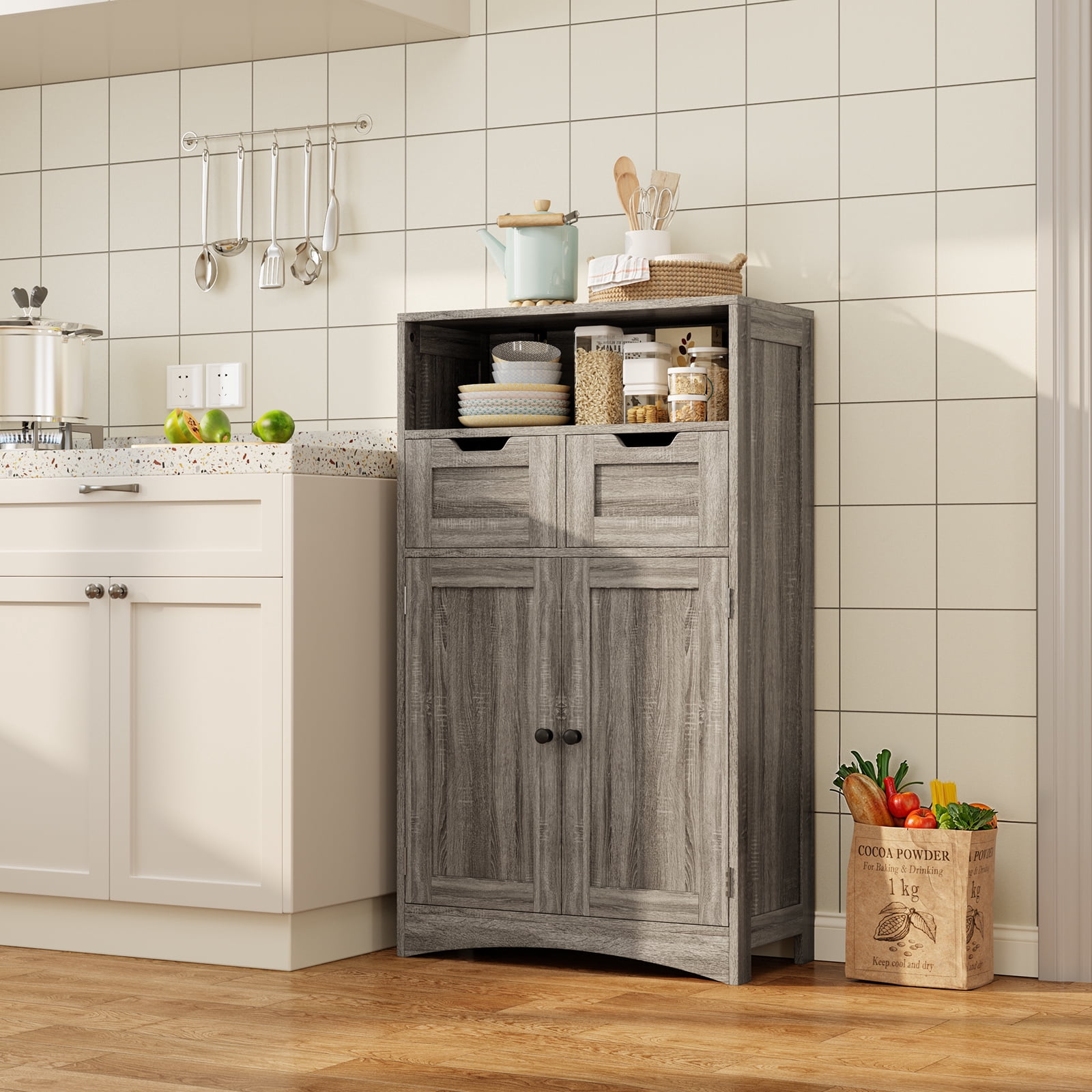 Small Pantry Cabinet, Asofer 42.5"H Storage Cabinet with 2 Drawers and ...