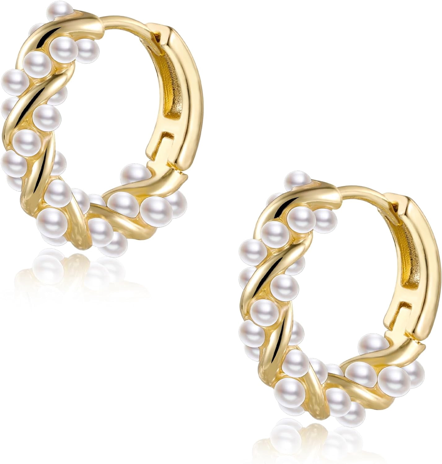 Small Pearl Hoop Earrings for Women, Twisted Huggie Hoop Earrings with ...