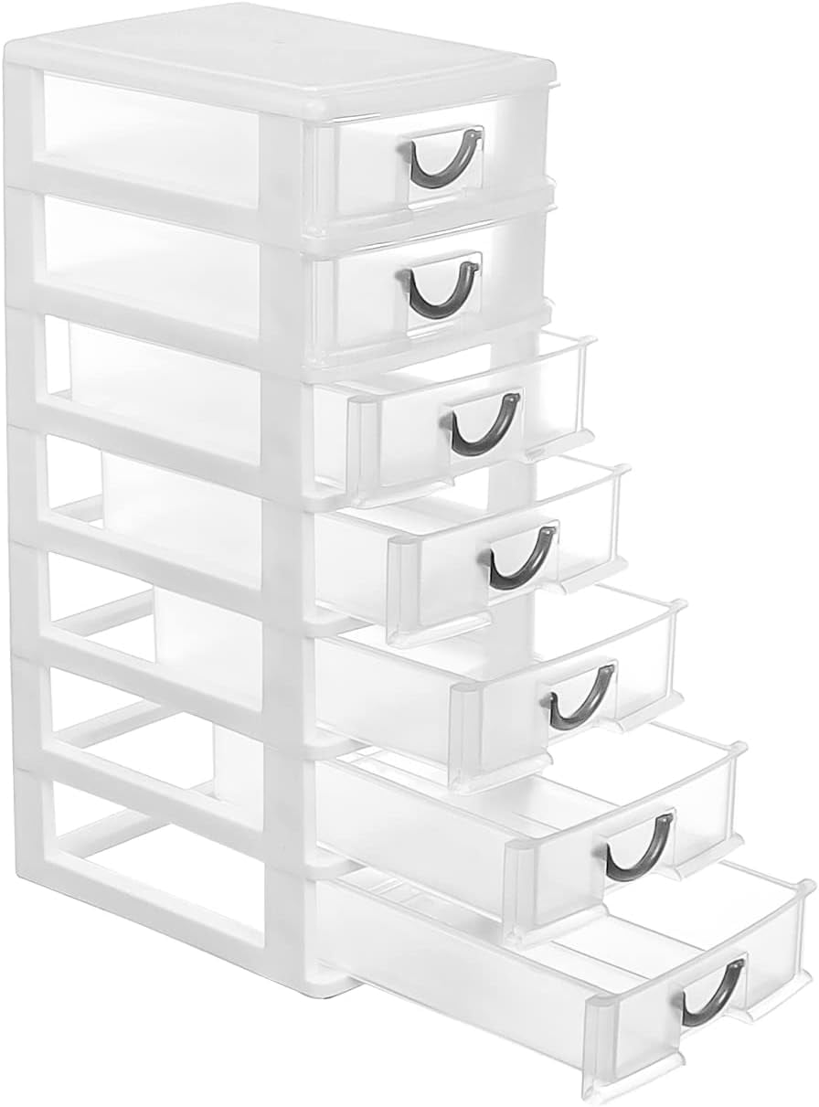 "Small 7-Drawer Desk Organizer Unit, Plastic Storage Container, White ...