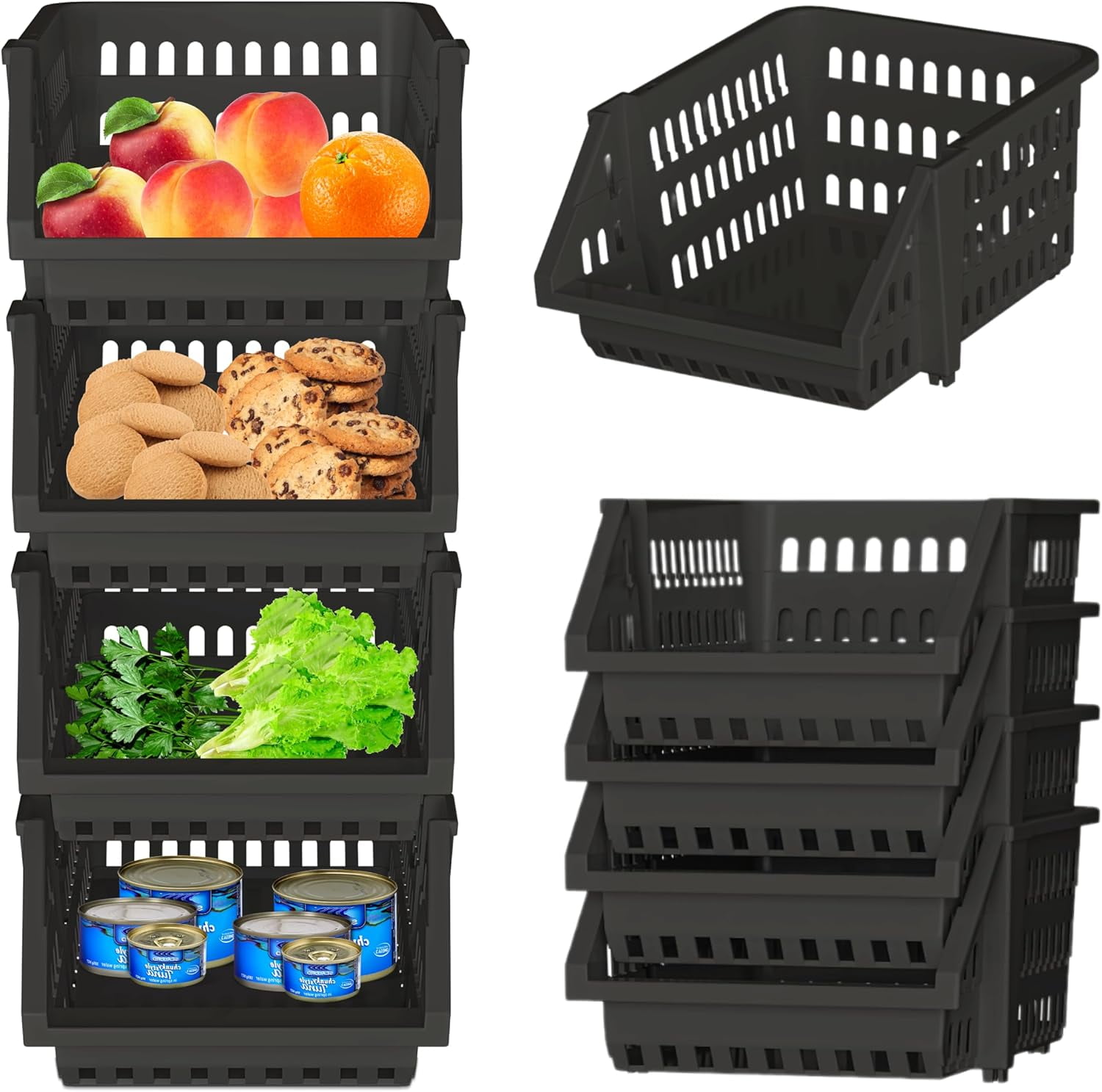 Small Plastic Stackable Storage Bins for Pantry,4 Pack Open Front ...