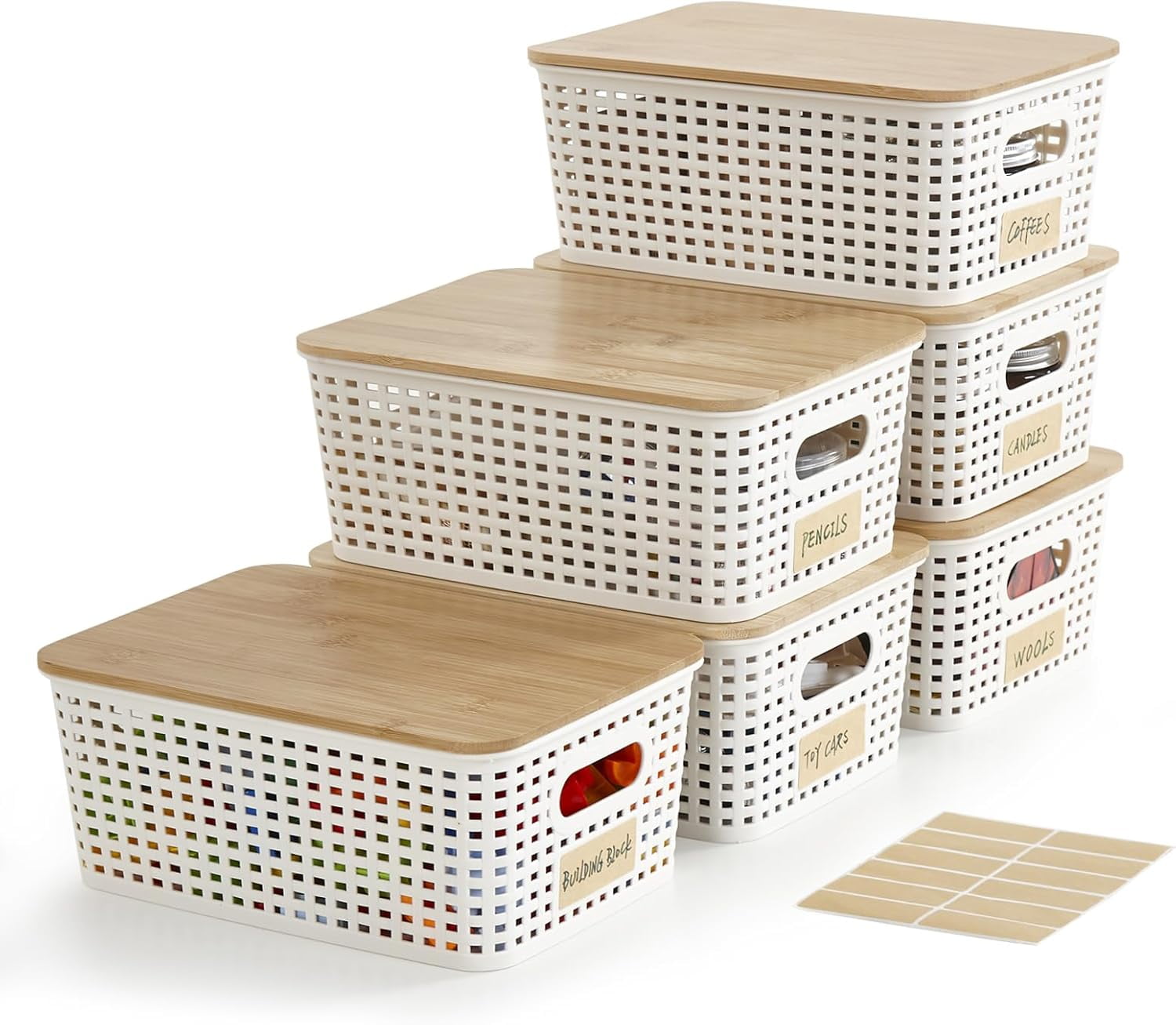 Small Plastic Storage Bins with Bamboo Lids 5.2qt Stackable Box Basket ...