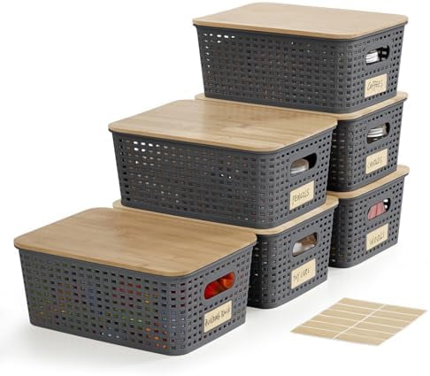 Small Plastic Storage Bins with Bamboo Lids 5.2qt Stackable Box Basket ...