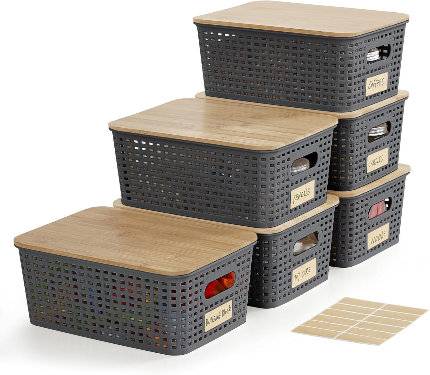 Small Plastic Storage Bins with Bamboo Lids 5.2qt Stackable Box Basket ...