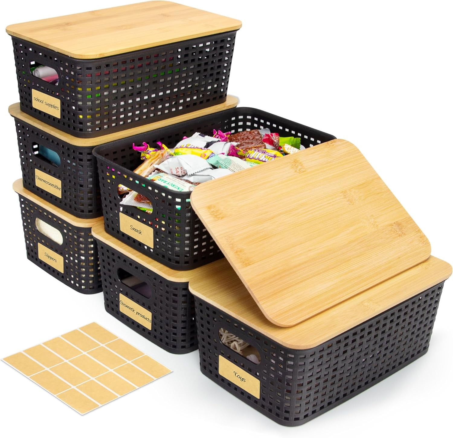 Small Plastic Storage Bins with Bamboo Lids 6 Packs,Decorative Storage ...