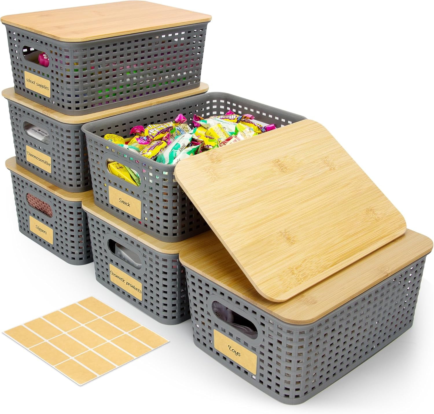 Small Plastic Storage Bins with Bamboo Lids 6 Packs,Decorative Storage ...