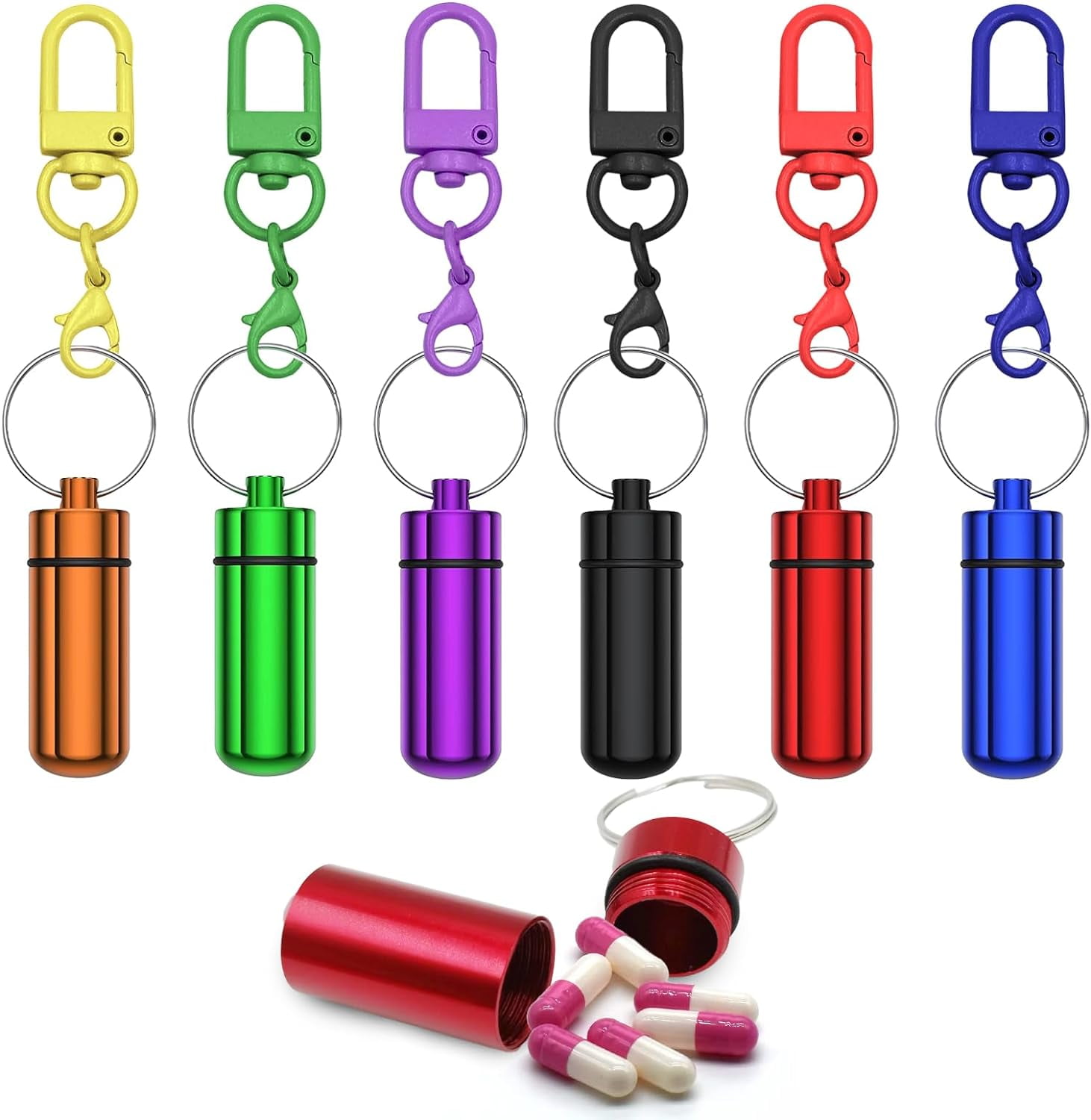 Small Portable Pill Box Keychain 6 Pack, Aluminum Metal Pill Box Case ...