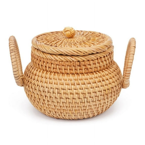Small Rattan Basket with Lid, Organizer Handle, Candy Bowl Rustic Woven ...