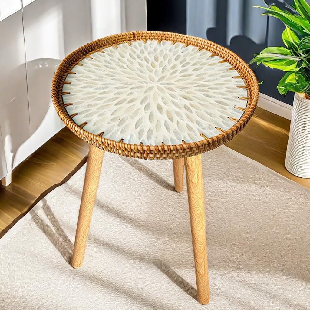 Small Rattan Side Table/Round Coffee Table for Small Spaces, Mini ...