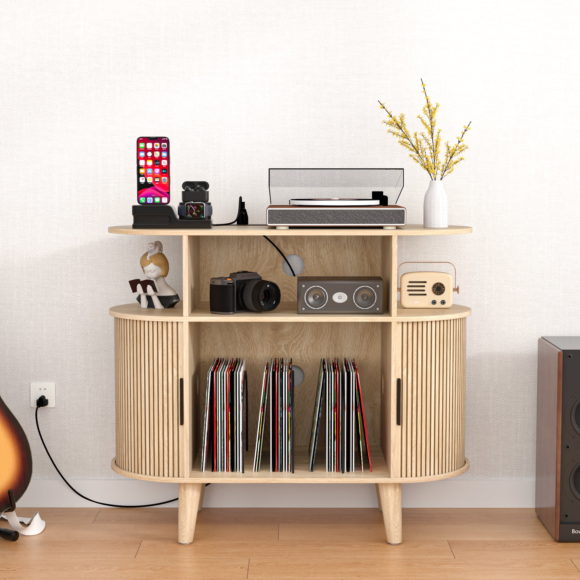 Small Record Player Stand, Mid-Century Record Player Table with Power ...