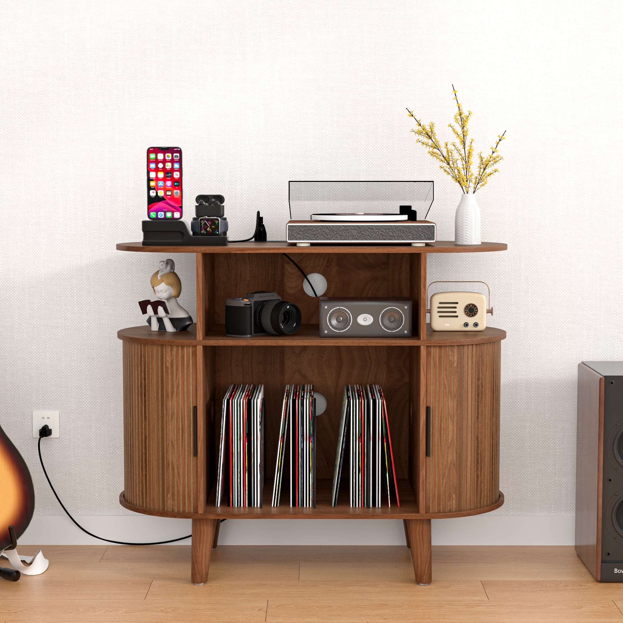 Small Record Player Stand, Mid-Century Record Player Table with Power ...