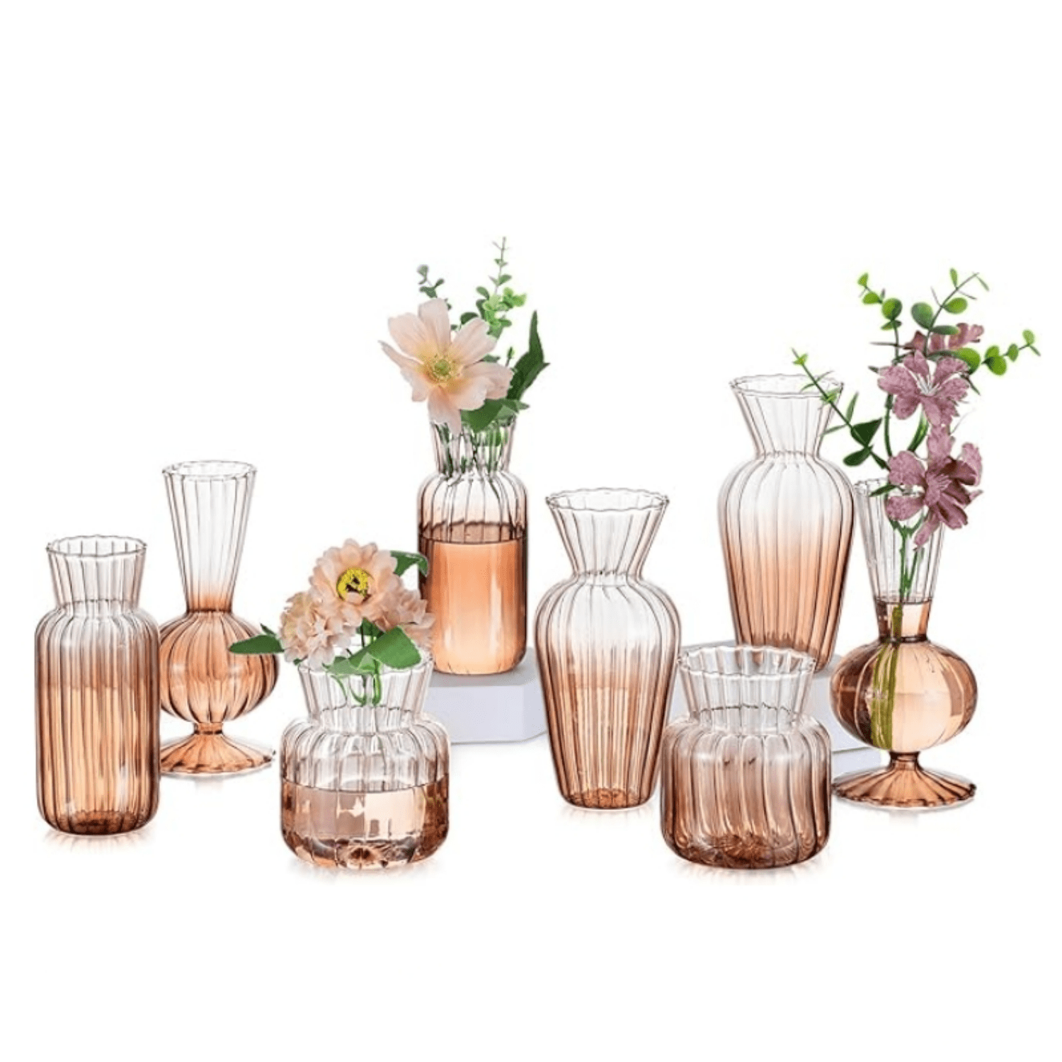 Small Ribbed Glass Bud Vases Set of 8 Amber Flower Vase Centerpieces ...