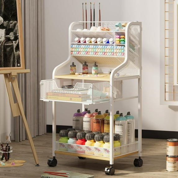 Small Rolling Craft Cart with Drawer, White Utility Art Cart, Metal ...