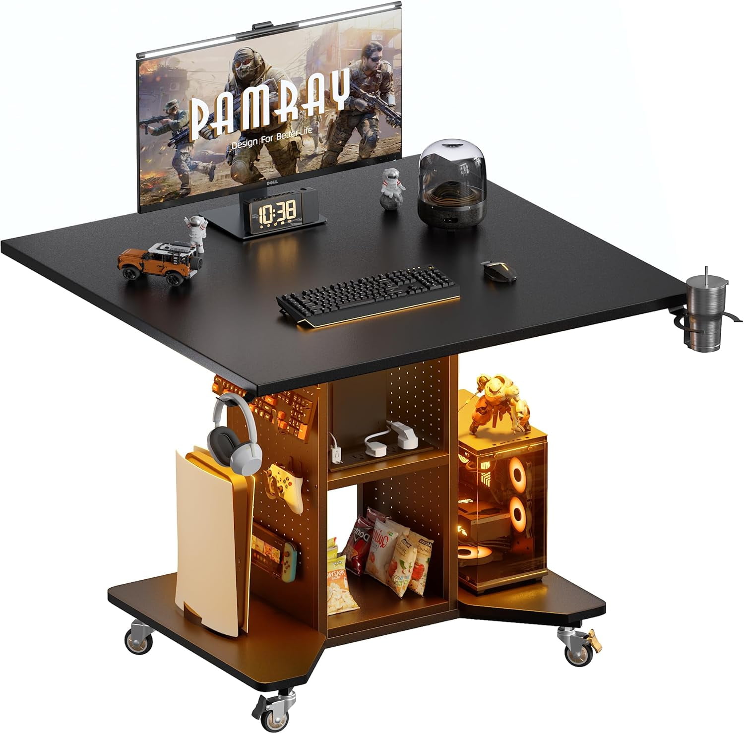 Small Rolling Gaming Desk with Led Lights Power Outlets and Storage ...