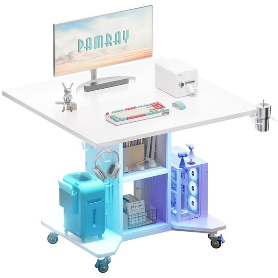 Small Rolling Gaming Desk with Led Lights Power Outlets and Storage ...