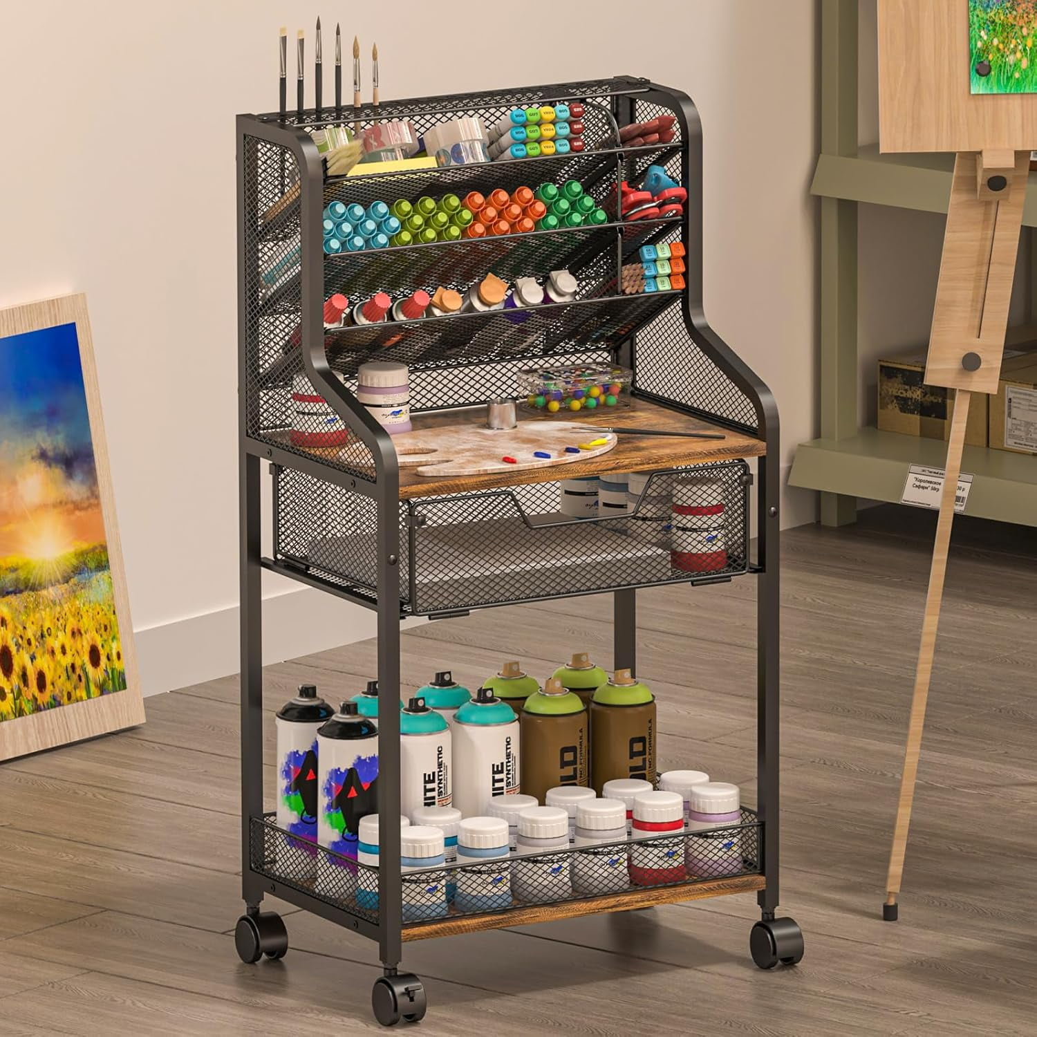 Small Rolling Utility Cart with Drawer, Metal and Wood Craft Storage ...