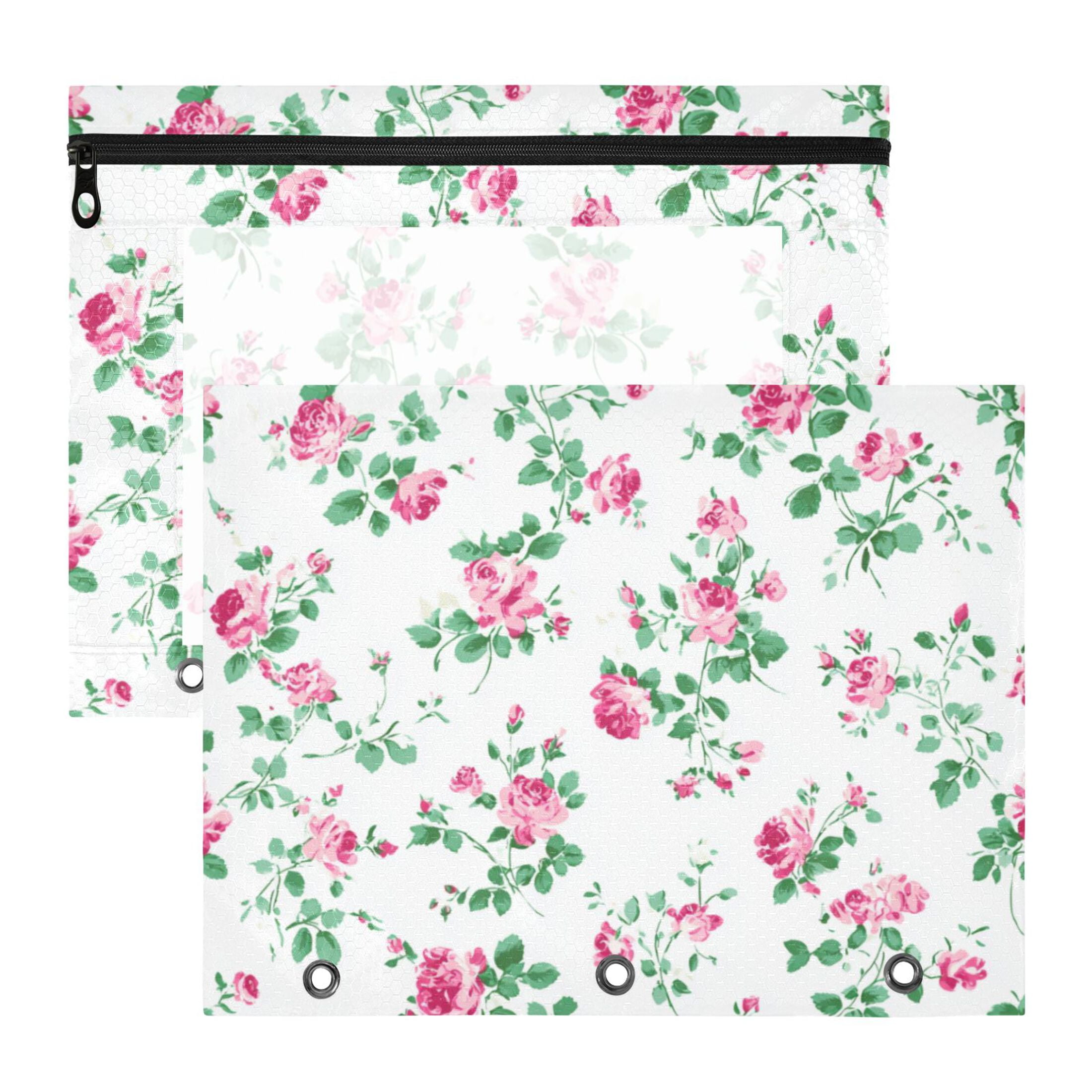 Small Roses Green Leaves 3-Ring Binder Pouches A4 Size Zipper Pocket ...