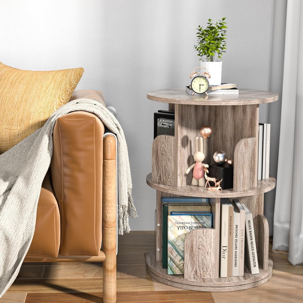 Small Rotating Bookshelf, 2 Tier Revolving Bookcase 360° Display Round ...