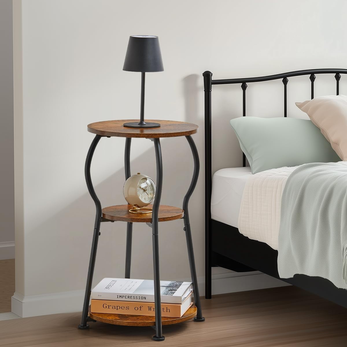 Small Round 3-Tier Side Table, Rustic Brown + Classic Black, for Living ...