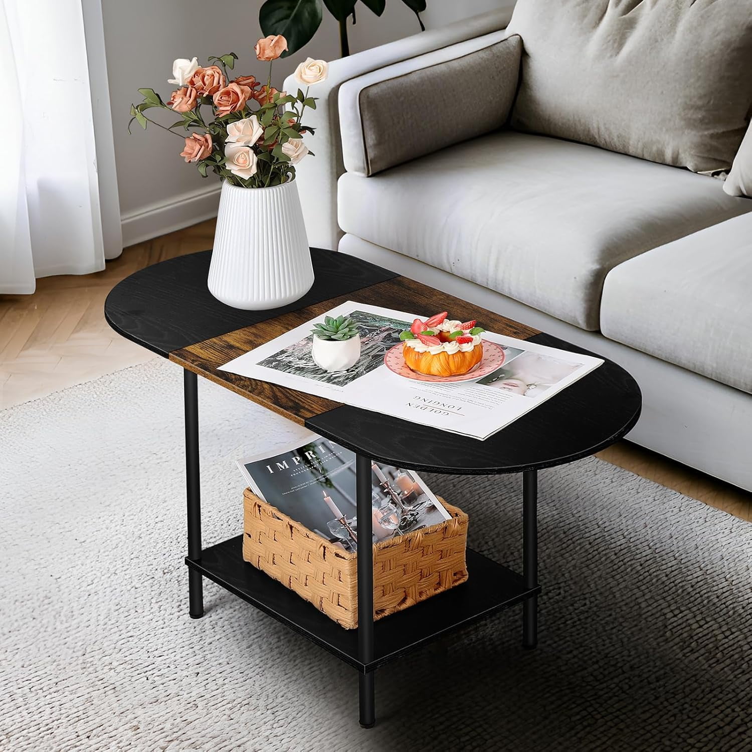 Small Round Coffee Table, 2-Tier Oval Center Table with Storage and ...