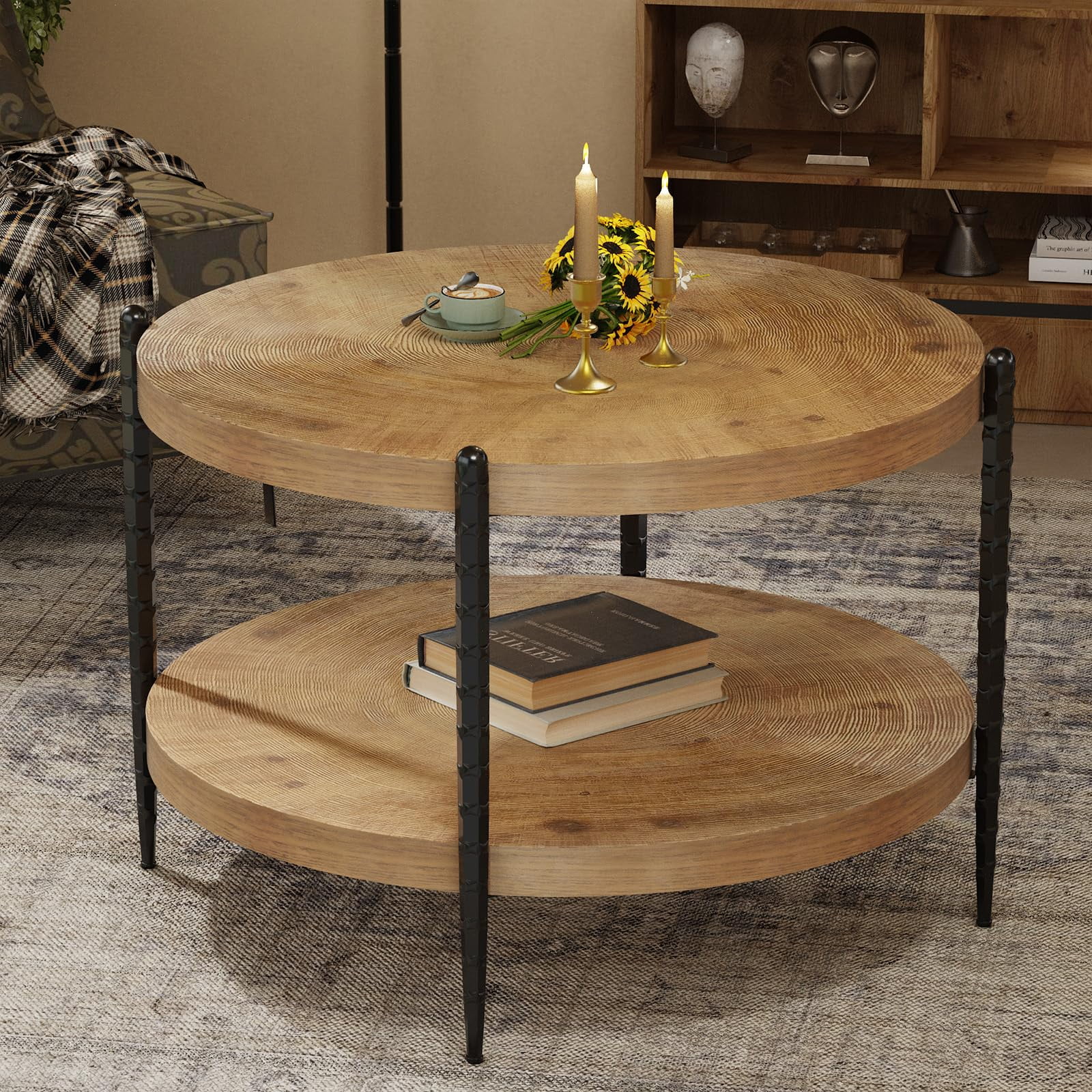 Small Round Coffee Table with Open Storage for Small Space, 27" 2-Tier ...