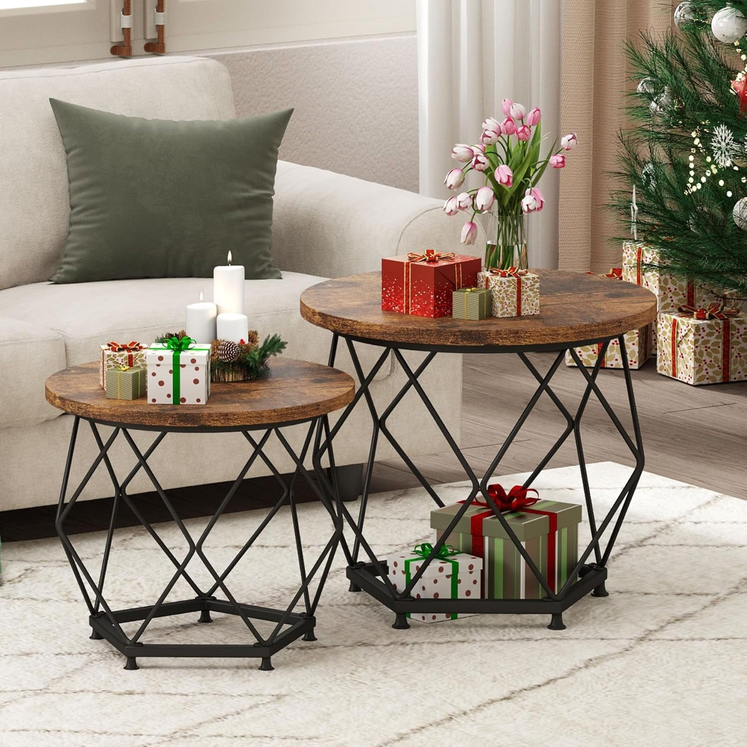 Small Round Coffee Table Set of 2, Modern Coffee Table with Metal Frame ...