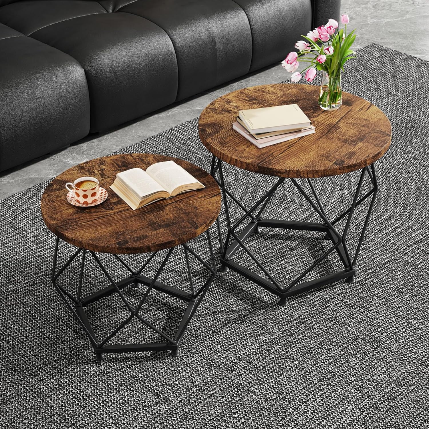 Small Round Coffee Table Set of 2, Modern Coffee Table with Metal Frame ...