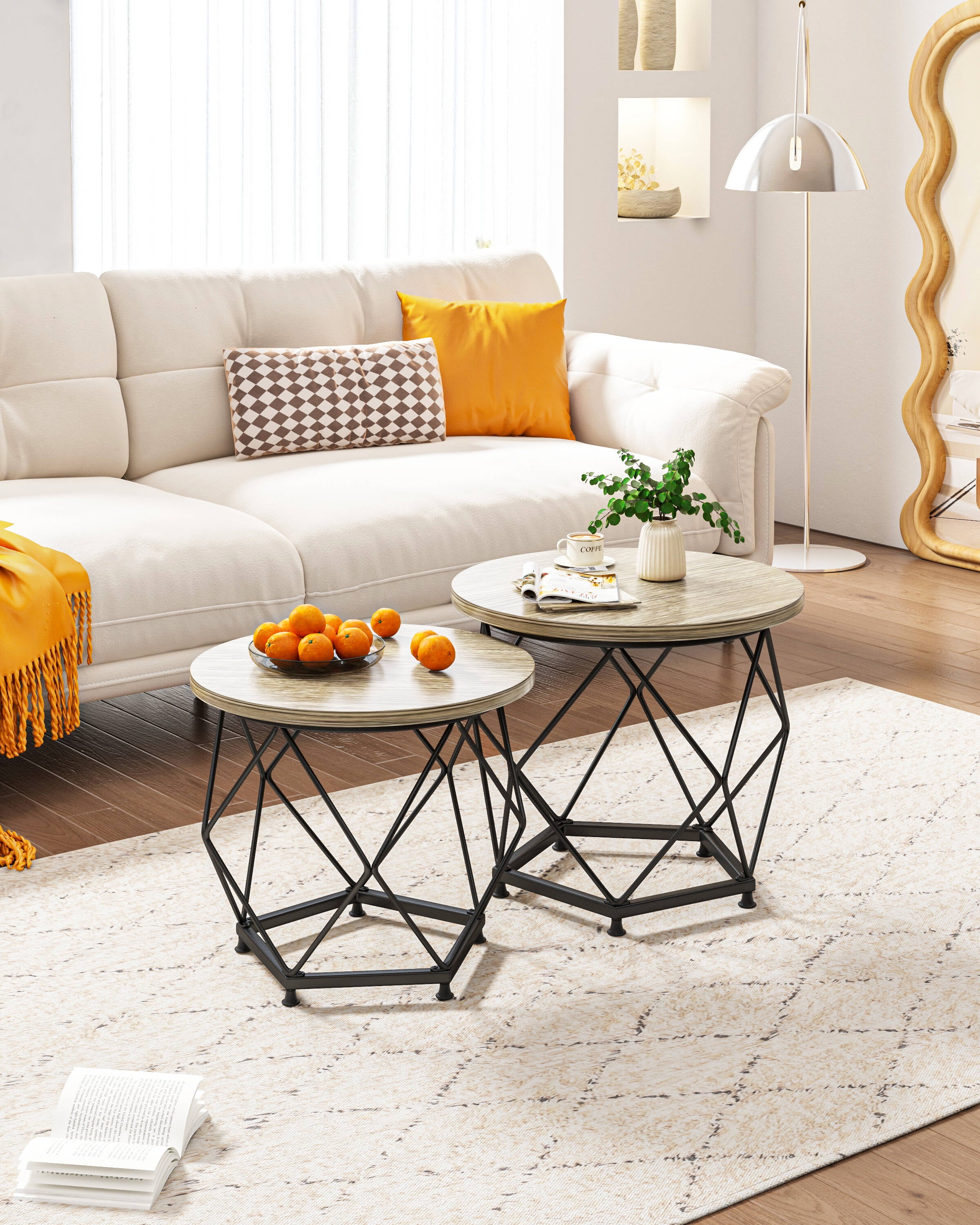 Small Round Coffee Table Set of 2, Modern Coffee Table with Metal Frame ...