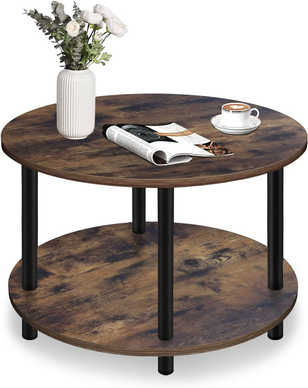 Small Round Coffee Table for Small Space, 23.5" 2-Tier Rustic Brown ...