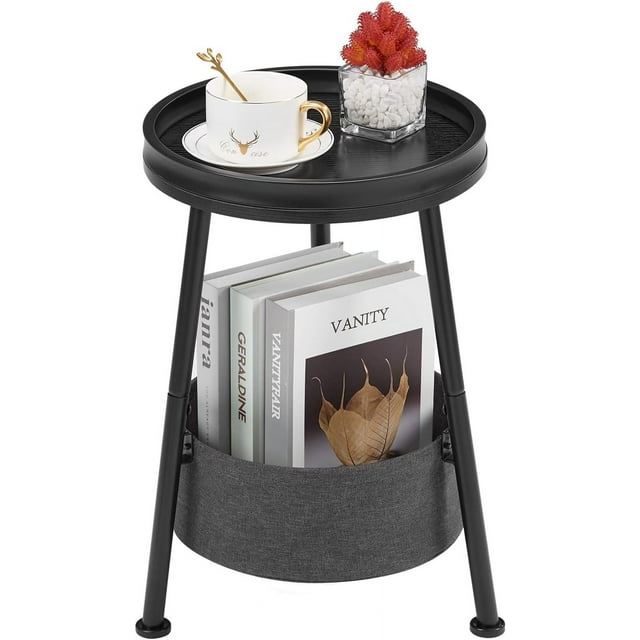 Small Round End Table, 2 Tier Round Side Table with Storage Basket,11.8 ...