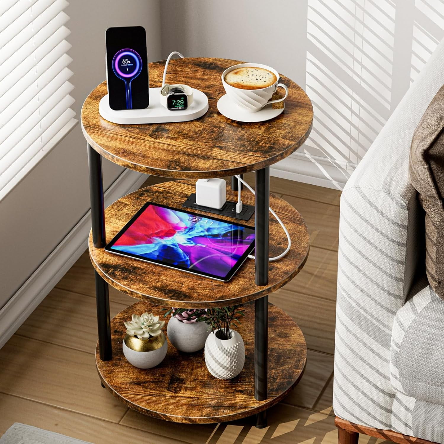 Small Round End Table - 3 Tier Design Accent Table, Narrow Side or ...