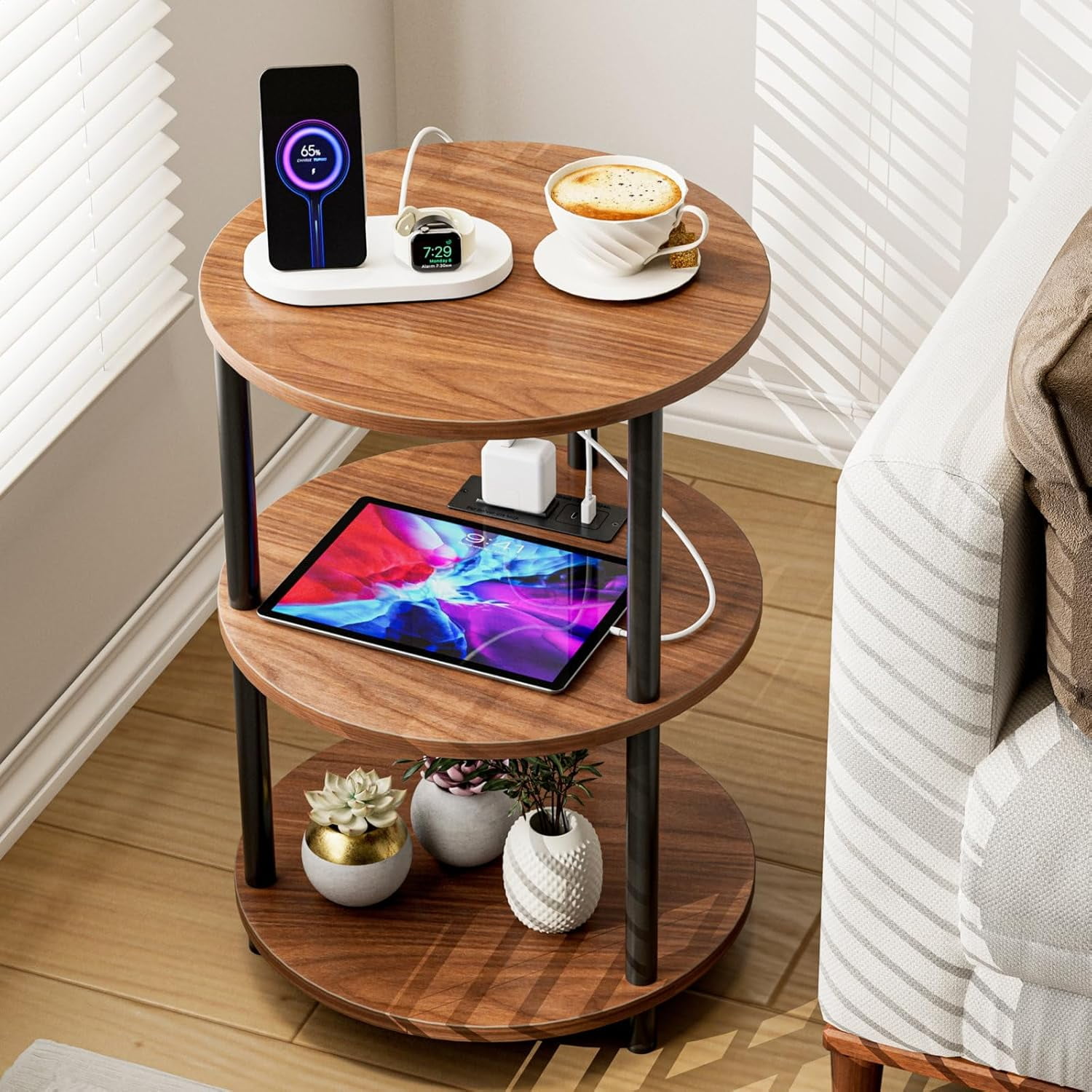 Small Round End Table with 3-Tier Design, Industrial Vintage Accent ...