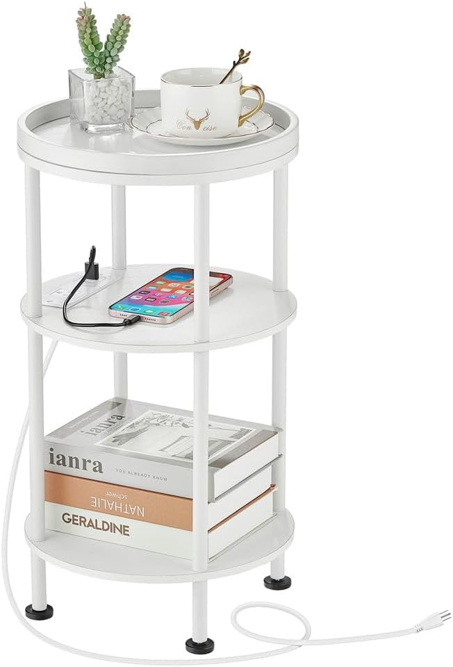 Small Round End Table with Charging Station, 3-Tier Accent Couch Beside ...