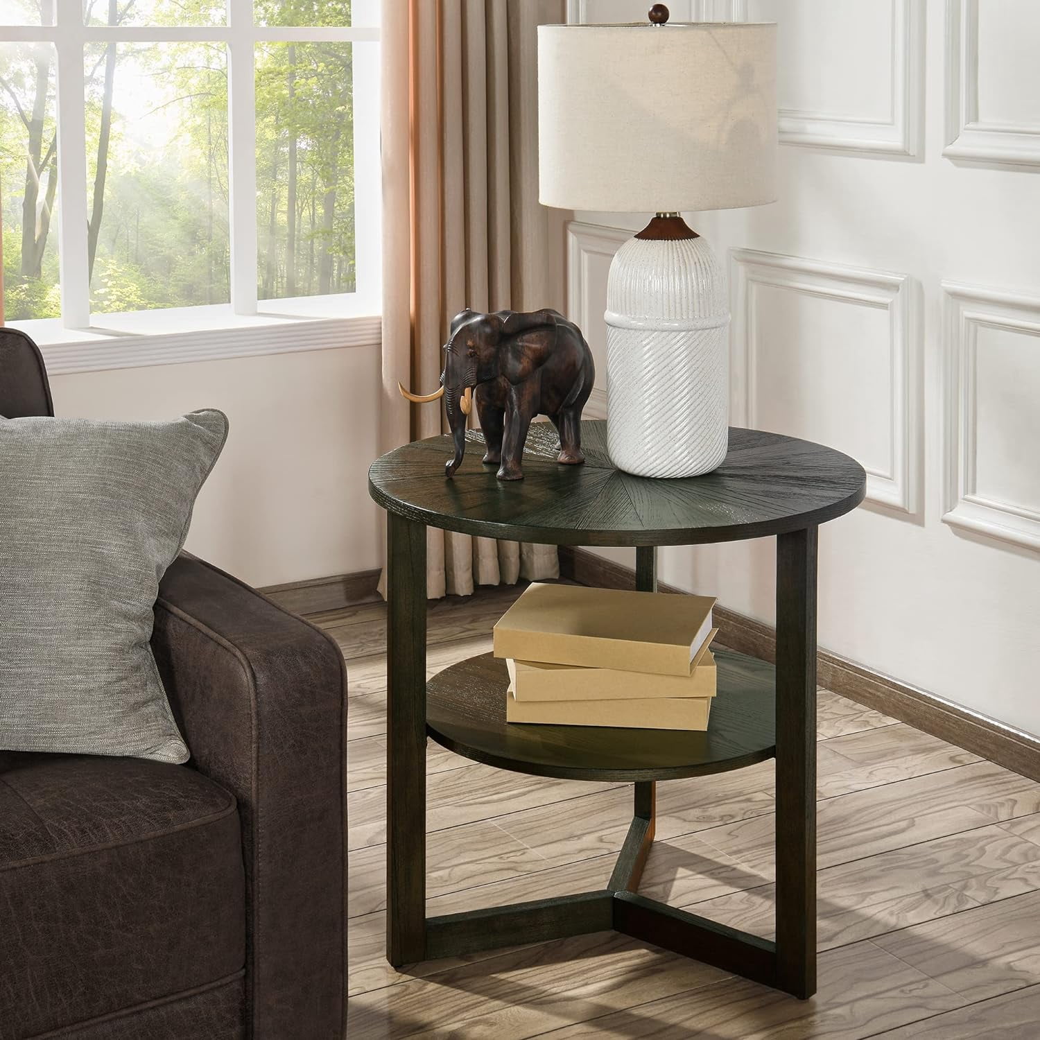 Small Round End Table with Storage Open Shelf, Narrow Side Table ...