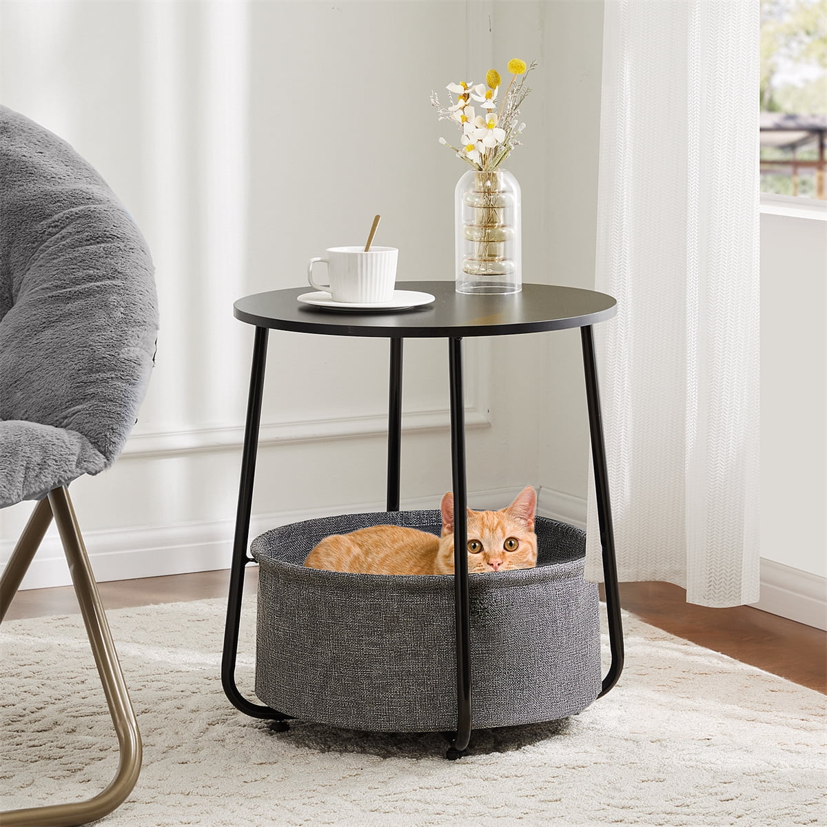 Small Round End Table with Fabric Basket, Nightstand Bedside Table with ...