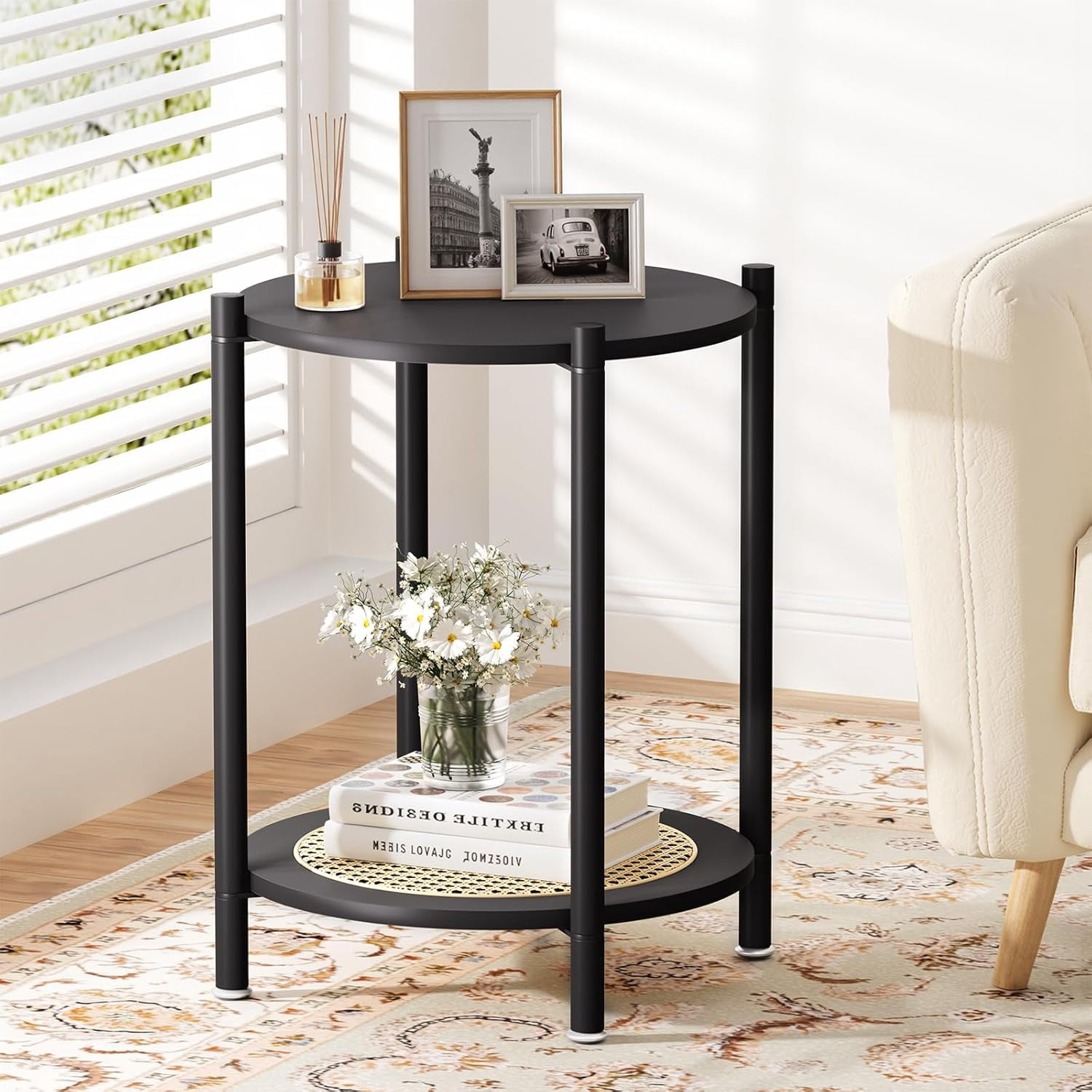 Small Round Farmhouse Wood End Table, Mini Accent Side Table for Small ...