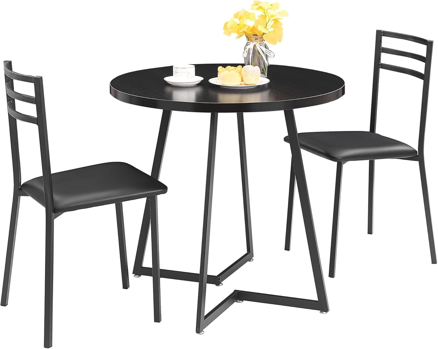 Small Round Kitchen Table with 2 Upholstered Chairs, 3-Piece Wood ...