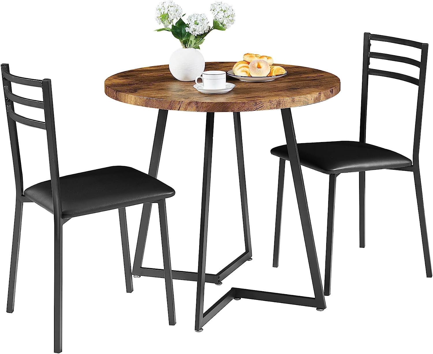 Small Round Kitchen Table with 2 Upholstered Chairs, 3-Piece Wood ...