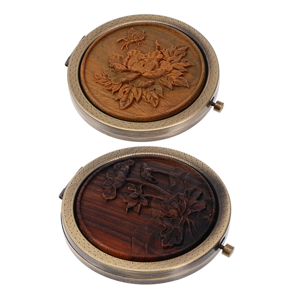 Small Round Mirror 2 Pcs Makeup Mirrors Travel Vanity Hand Held Wooden ...
