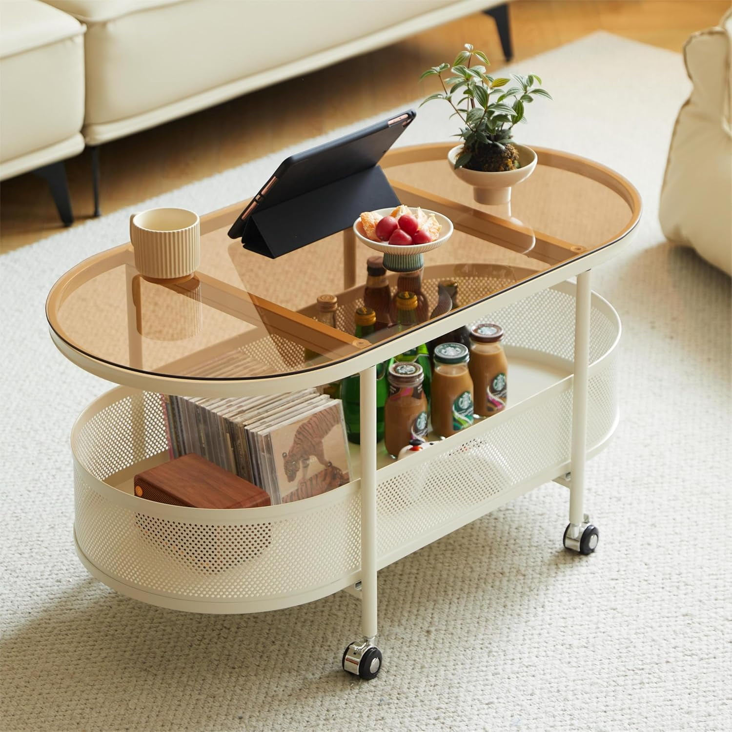Small Round Movable Coffee Table with Glass Top and Wheels, End Table ...