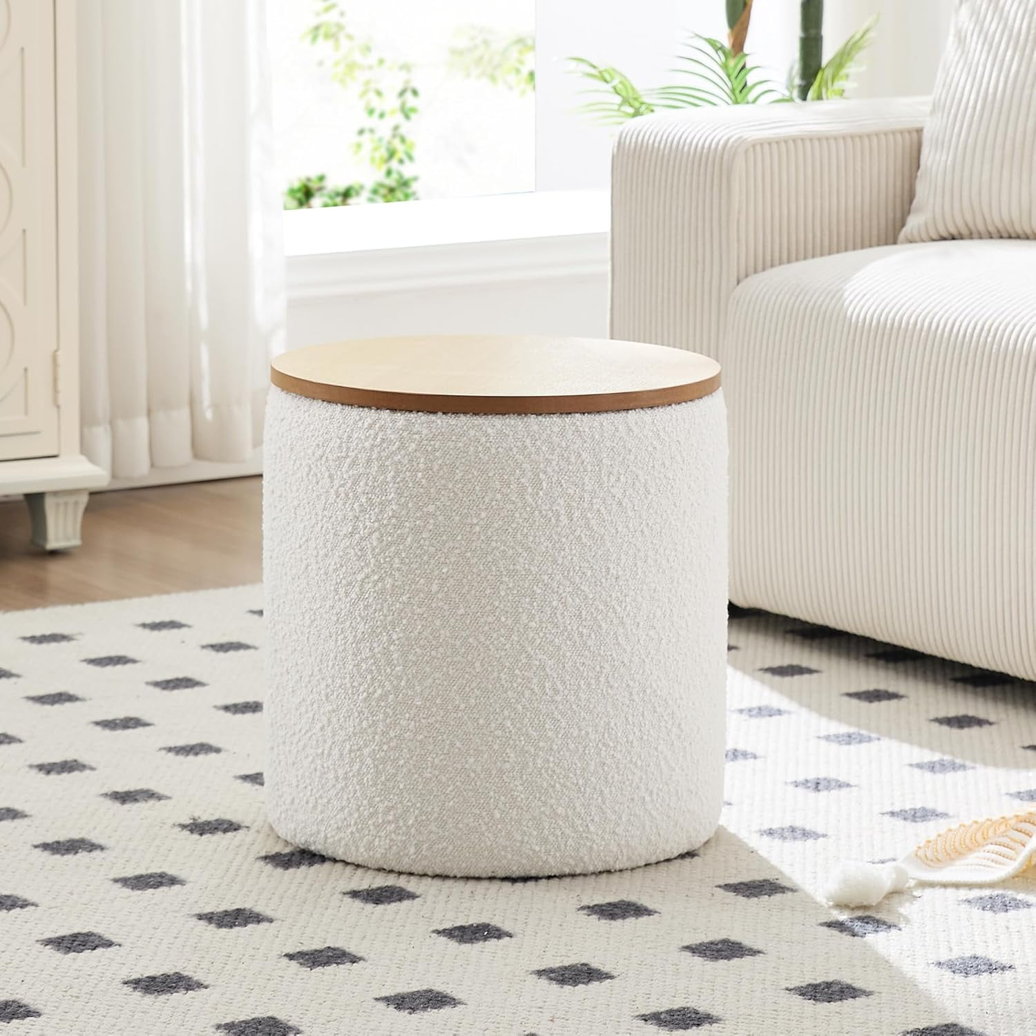 Small Round Ottoman with Storage, Boucle Ottoman Coffee Table with ...